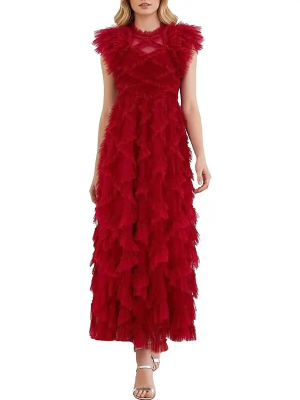 NEEDLE & THREAD Genevieve Ruffle Short Sleeve Maxi Gown - Deep Red/fuchsia