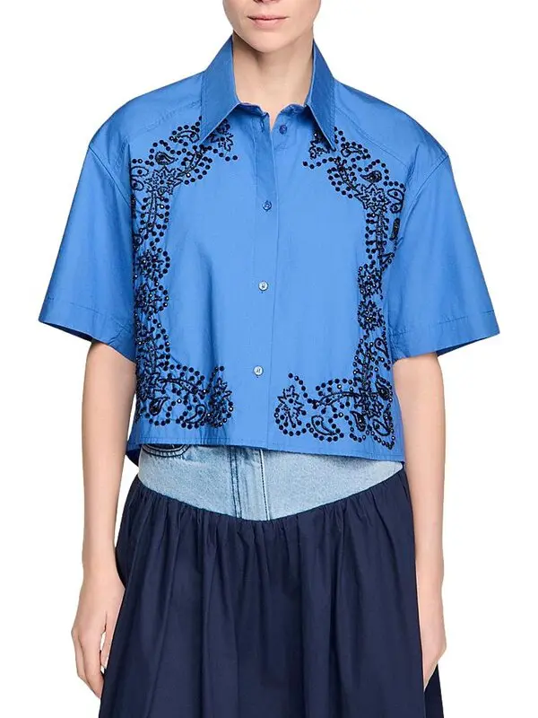 Sandro Embroidered Beaded Shirt - Blue