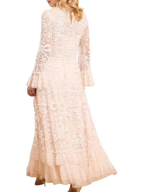 NEEDLE & THREAD Celia Long Sleeve Ankle Gown - Cream/dusk Pink