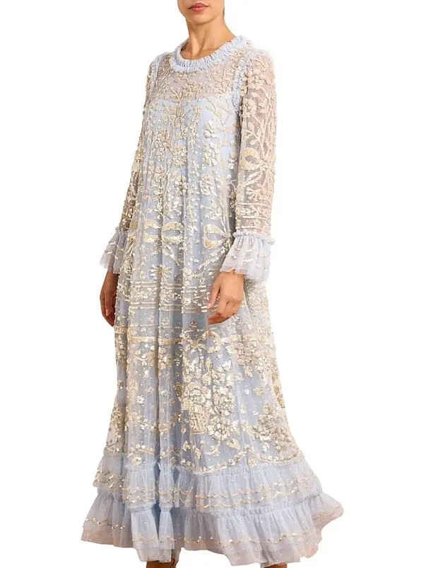 NEEDLE & THREAD Celia Long Sleeve Ankle Gown - Dusk Blue/gold