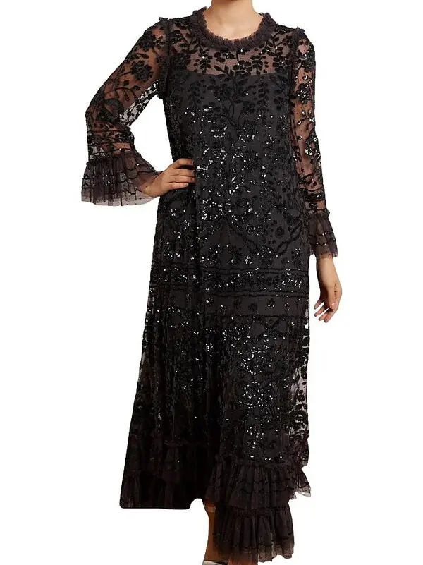 NEEDLE & THREAD Celia Long Sleeve Ankle Gown - Graphite