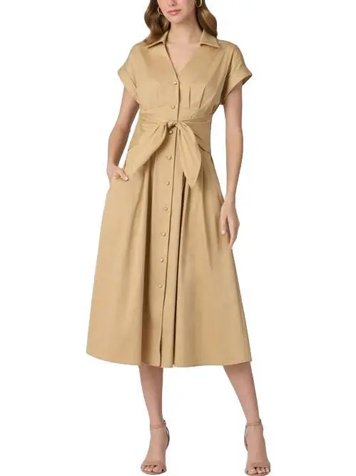 Shoshanna Josephine Porto Cotton Poplin Midi Shirtdress - Khaki
