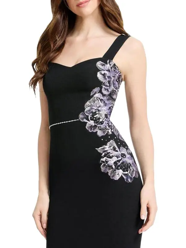Dress The Population Nicole Embroidered Applique Midi Sheath Dress - Black