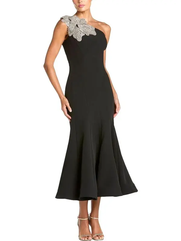 Mac Duggal Sleeveless One-shoulder Mermaid Midi Dress With Floral Appliqu - Black