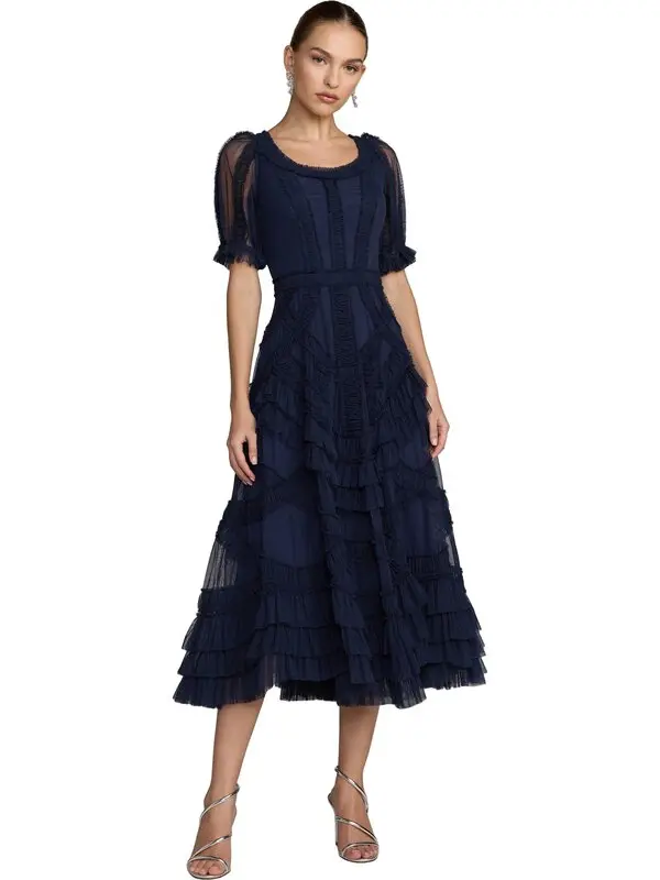 Mac Duggal Short Sleeve Micro Ruffle Midi Dress - Navy