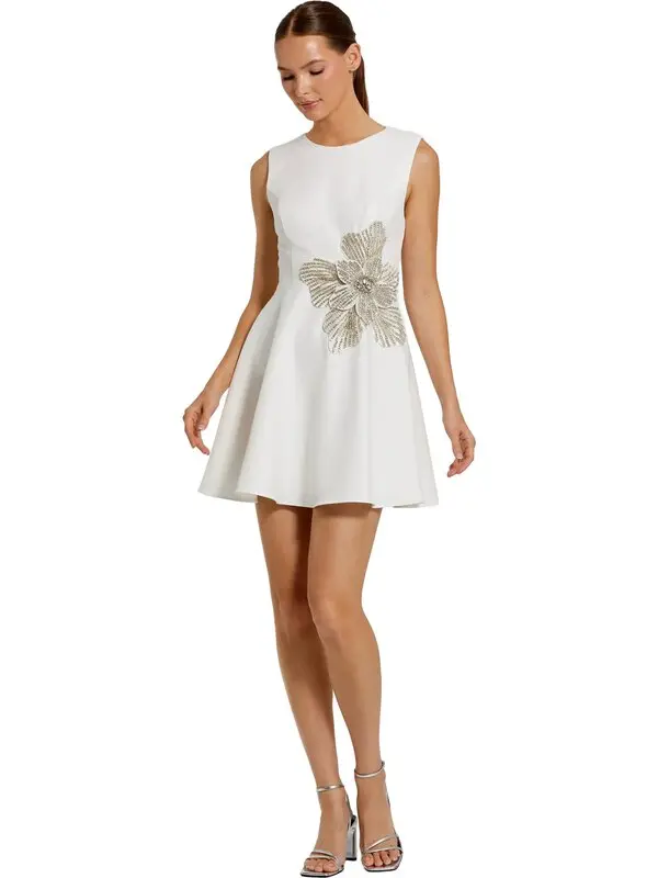 Mac Duggal Sleeveless Crepe Mini Dress With Rhinestone Flower - White