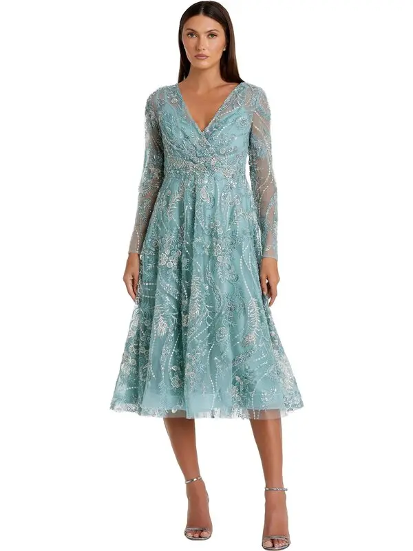 Mac Duggal Embellished Long-sleeve V-neck Midi Dress - Seafoam