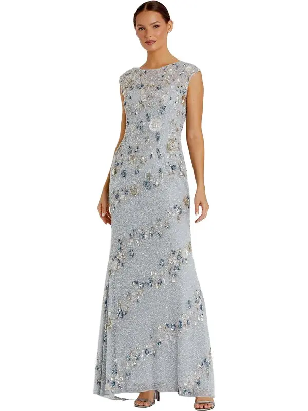 Mac Duggal Floral Embellished Cap Sleeve Column Gown - Blue