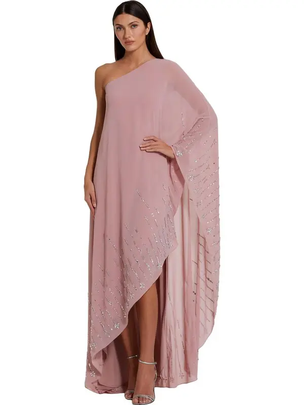 Mac Duggal Embellished Trim One-shoulder Kaftan Gown - Antique Rose