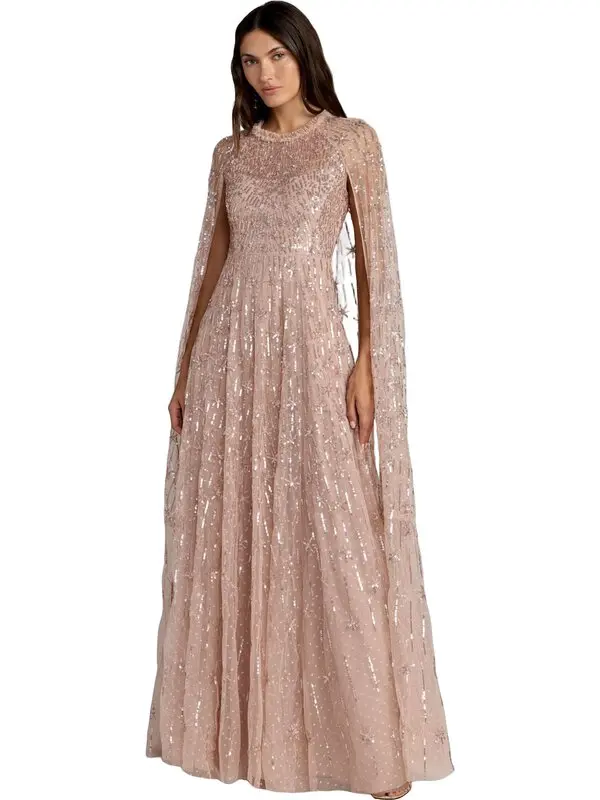 Mac Duggal Sequin-embellished Tulle Gown With Cape Sleeves - Rose