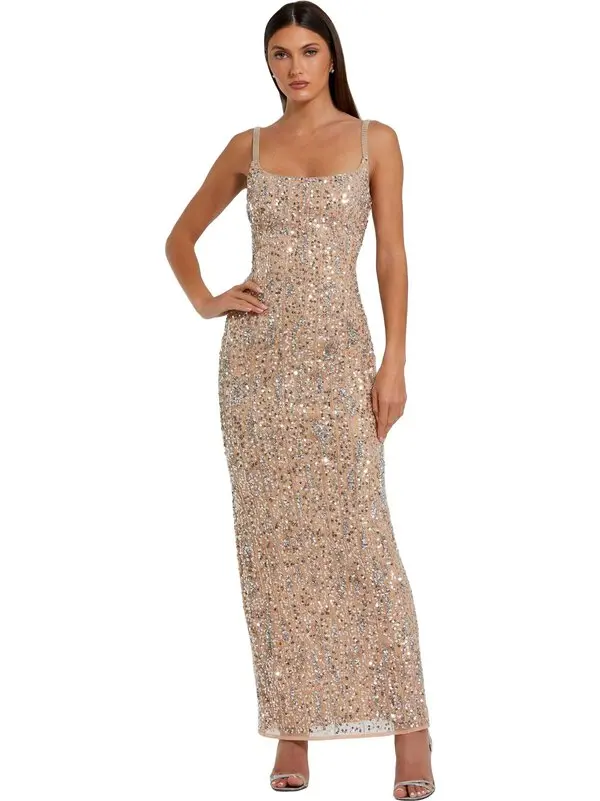 Mac Duggal Embellished Square Neck Column Gown - Neutral