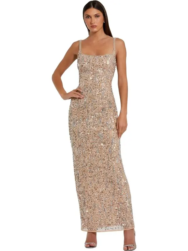 Mac Duggal Embellished Square Neck Column Gown - Neutral