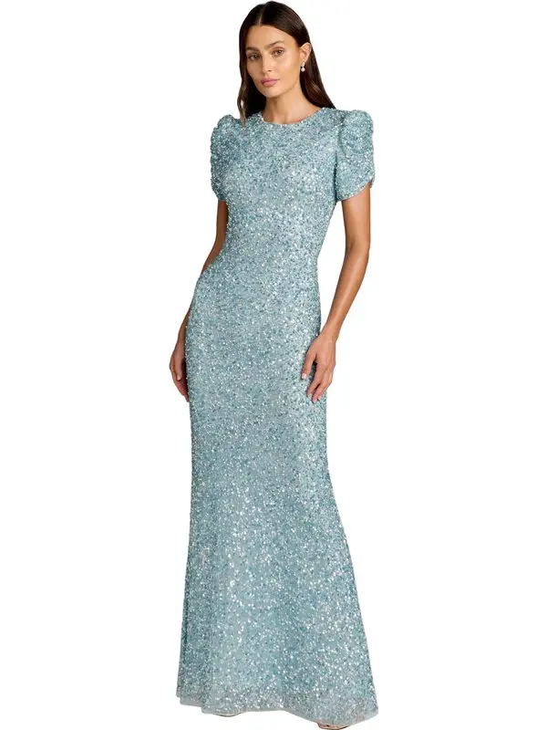 Mac Duggal Sequin Embellished Trumpet Gown With Puff Sleeves - Blue