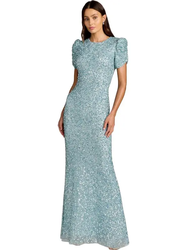 Mac Duggal Sequin Embellished Trumpet Gown With Puff Sleeves - Blue