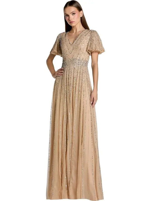 Mac Duggal Embellished Flutter Sleeve Gown - Nude Silver