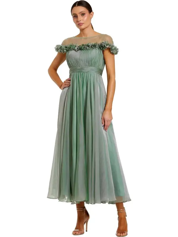 Mac Duggal Chiffon Illusion Neck Midi Dress With 3d Flowers - Sage