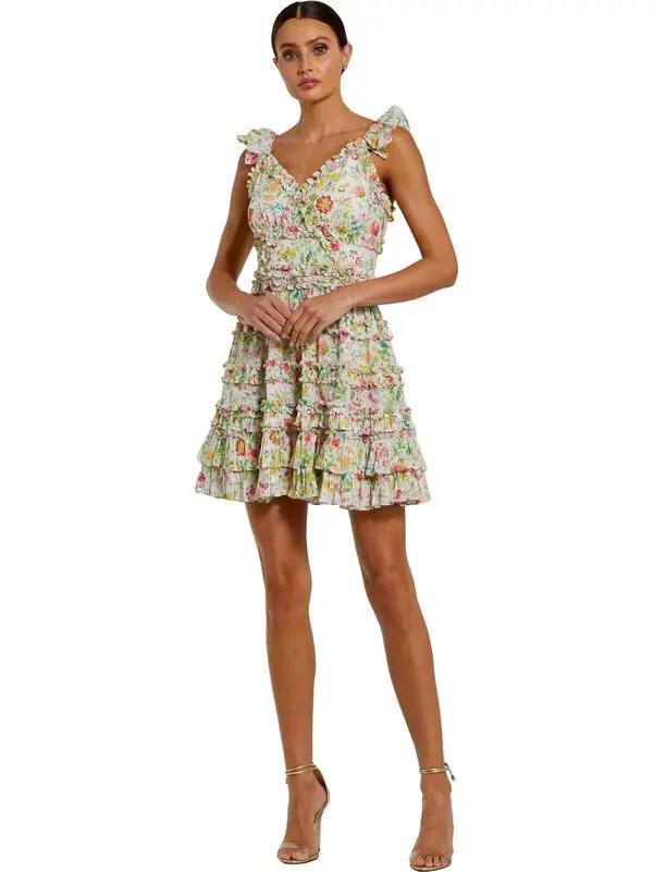 Mac Duggal Floral Tiered Ruffle Mini Dress - White Multi