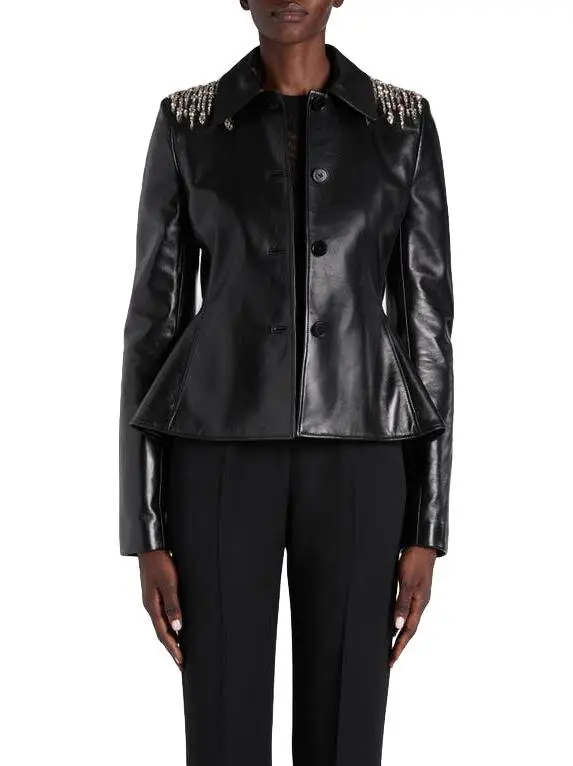 Alexander McQueen Crystal-embroidered Leather Peplum Jacket - Black