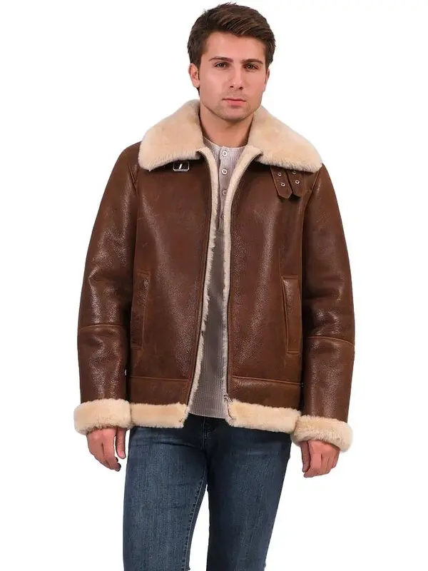 FURNIQ UK Textured Leather Shearling Aviator Jacket - Brown