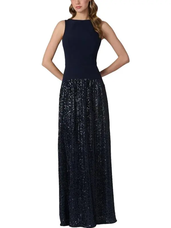 Shoshanna Dorothy Pleated Sequin Crepe Combo Dress - Navy