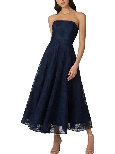 Shoshanna Embroidered Mesh Strapless Evening Dress - Navy