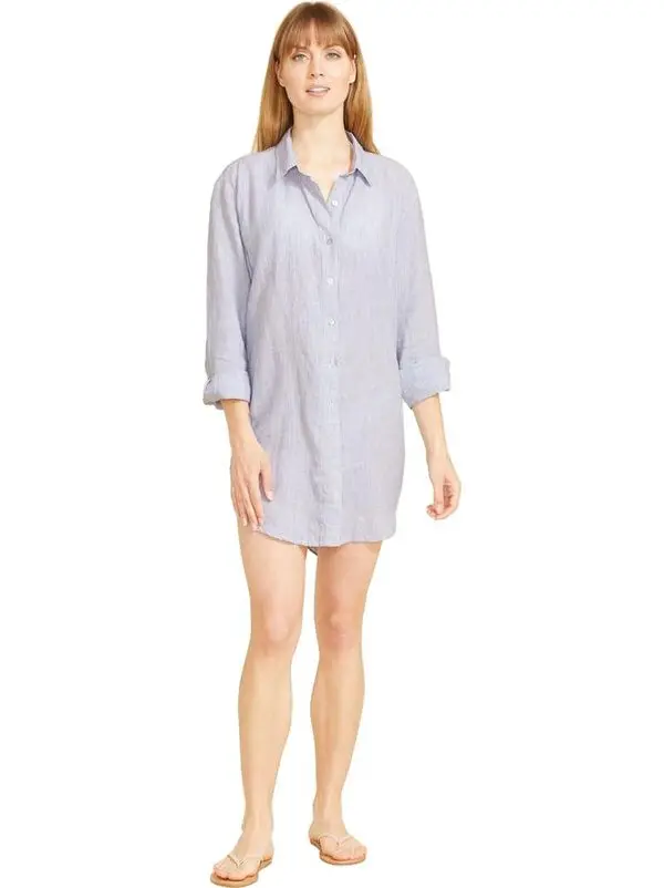 SITANO Lido Linen Shirt Dress - Light Blue Stripes