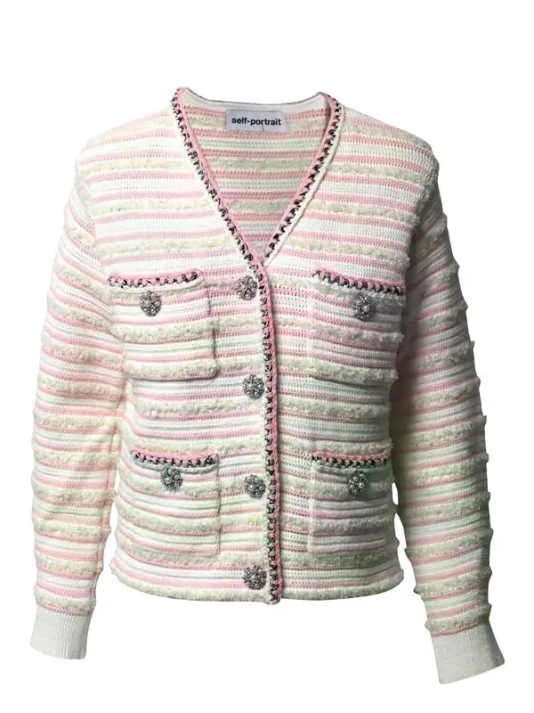 SELF-PORTRAIT Striped Rhinestone Cardigan - Pink