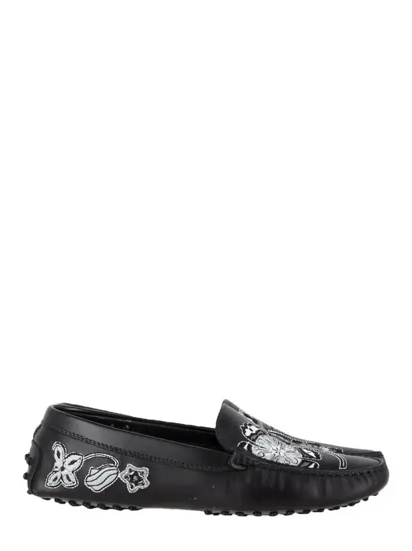 TOD'S Flower-embroidered Leather Loafers - Black