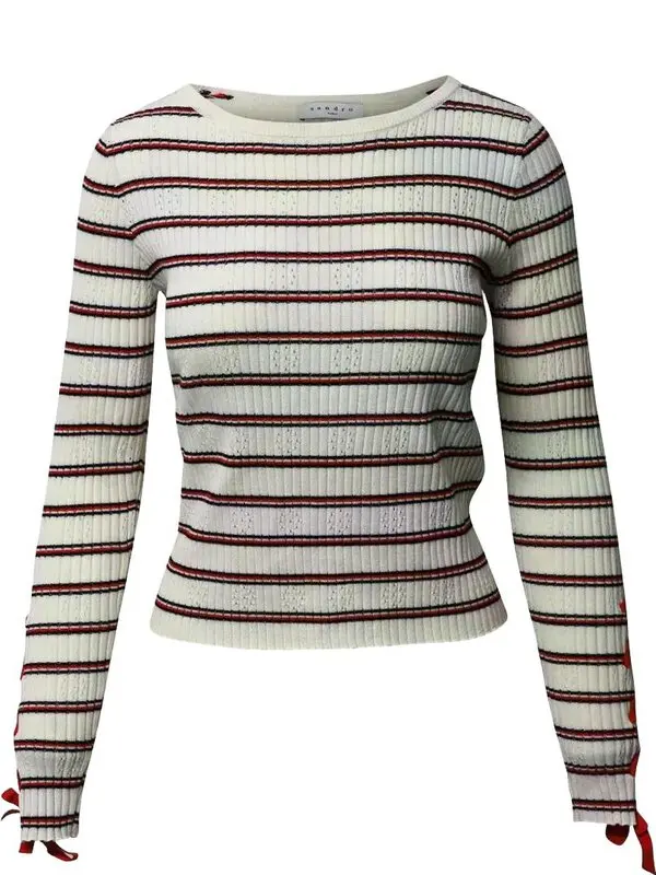 Sandro Striped Ribbon-tie Knit Top - White
