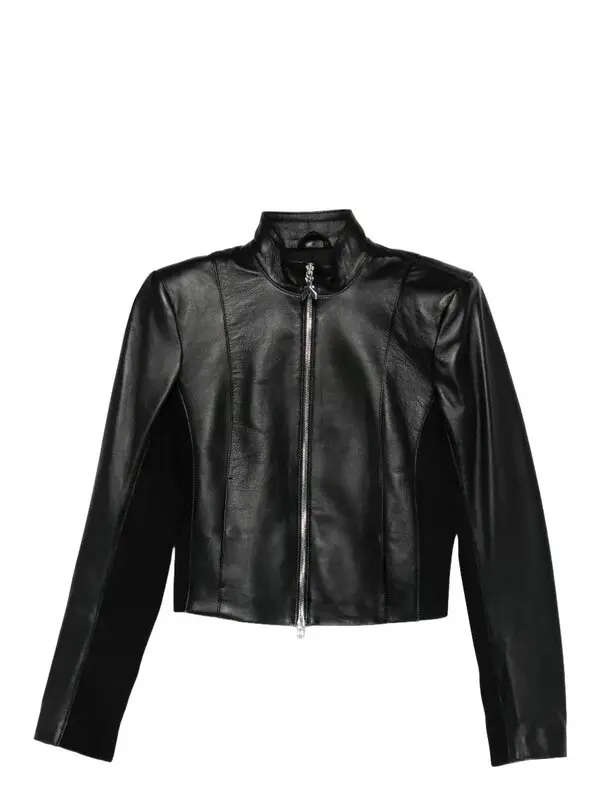 Patrizia Pepe Knitted Inserts Leather Biker Jacket - Black
