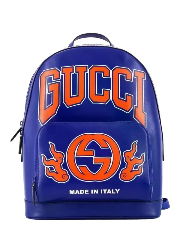 Gucci Zip Pocket Logo Print Leather Medium Backpack - Blue