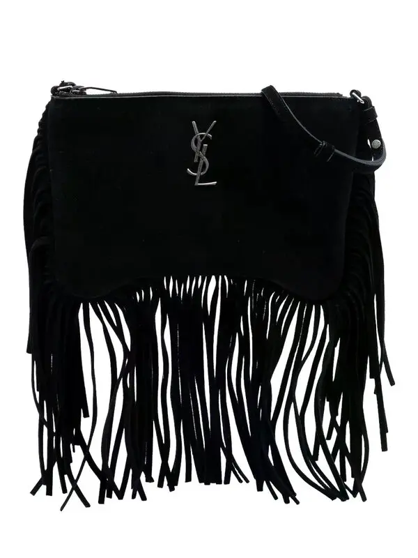 Saint Laurent 2015 Suede Monogram Fringe Crossbody Bag - Black
