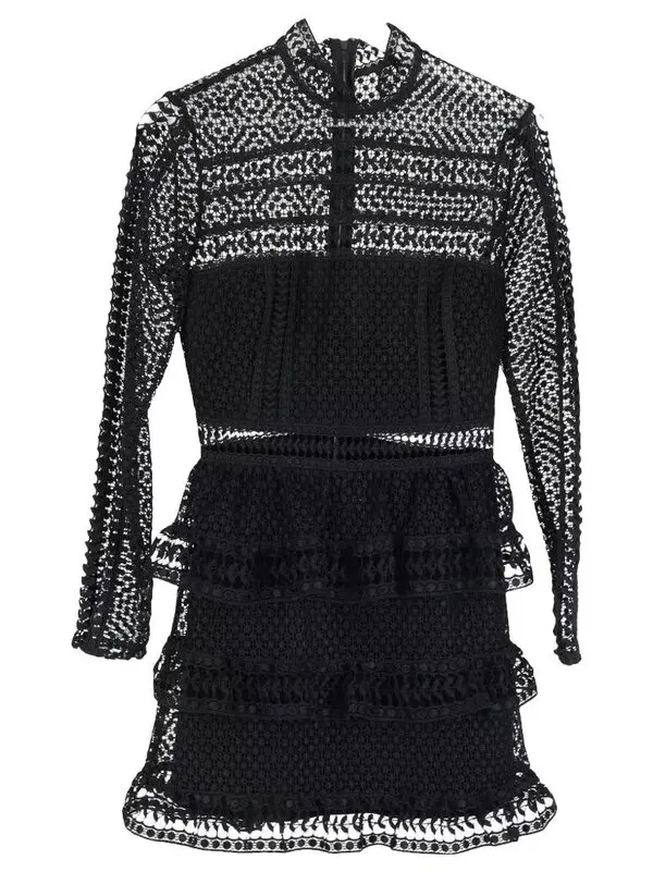 SELF-PORTRAIT Lace Ruffled Mini Dress - Black