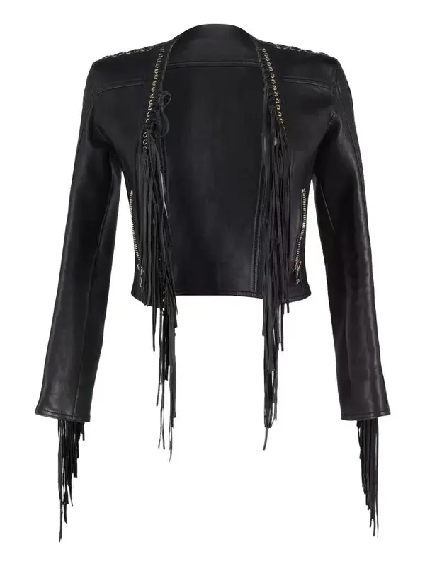 Balmain Fringe Cropped Leather Jacket - Black
