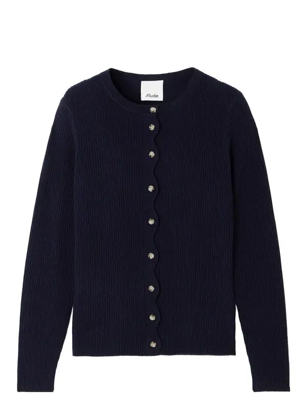 ALLUDE Scalloped Ribbed Wool And Cashmere-blend Cardigan - Blue