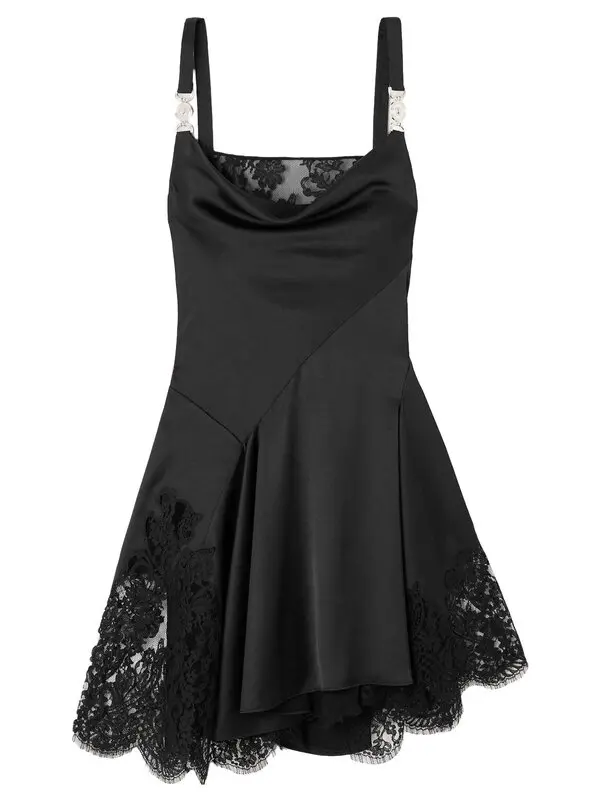 Versace Asymmetric Lace-paneled Embellished Draped Satin Dress - Black