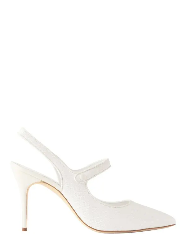 Manolo Blahnik Camparisli 90 Leather-trimmed Raffia Mary Jane Slingback Pumps - White