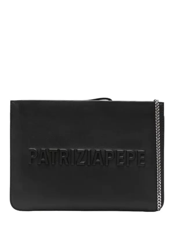 Patrizia Pepe Embossed Leather Clutch With Chain-link Trim - Black