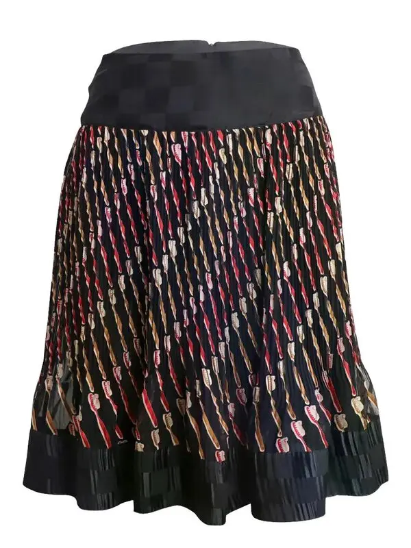 Anna Sui Silk Pleated Print Knee Length Skirt - Black