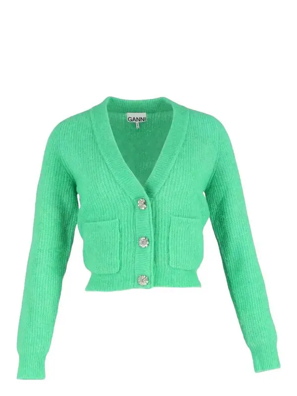 GANNI Crystal-embellished Knitted Cardigan - Green