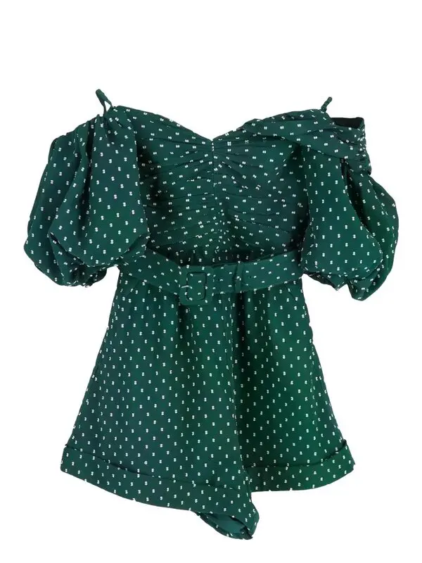 SELF-PORTRAIT Polka Dot One-shoulder Belted Blouse - Green