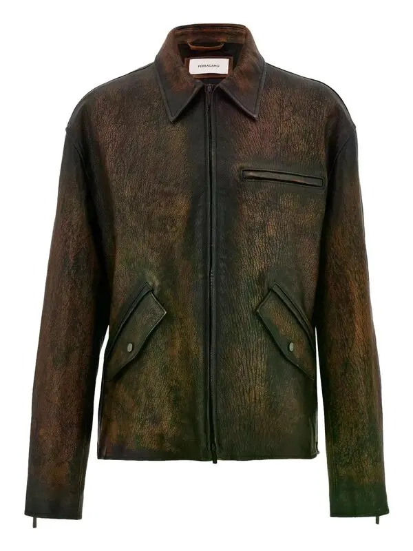 FERRAGAMO Flap Pocket Zip Leather Jacket - Brown
