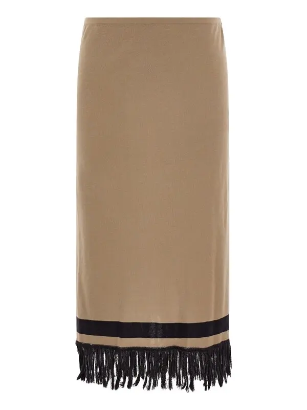 FERRAGAMO Silk Pencil Skirt With Fringe - Beige