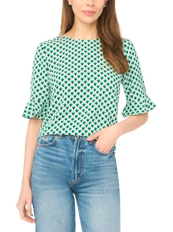 CECE DUPRAZ Fan Print Ruffle Cuff Top - Holly Green