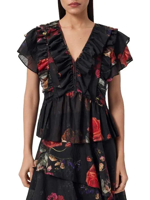 ALLSAINTS Floral Print Ruffle Top - Haze Black
