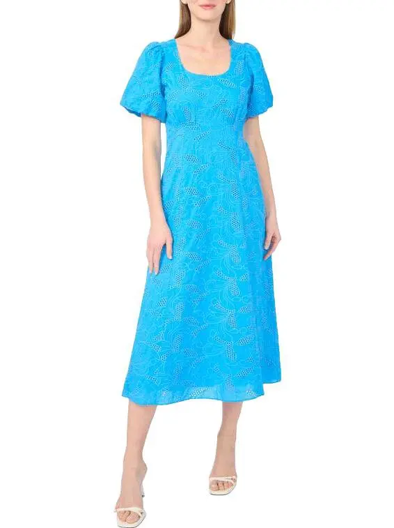 CECE DUPRAZ Embroidered Eyelet Bubble Sleeve Midi Dress - Blue Spritz