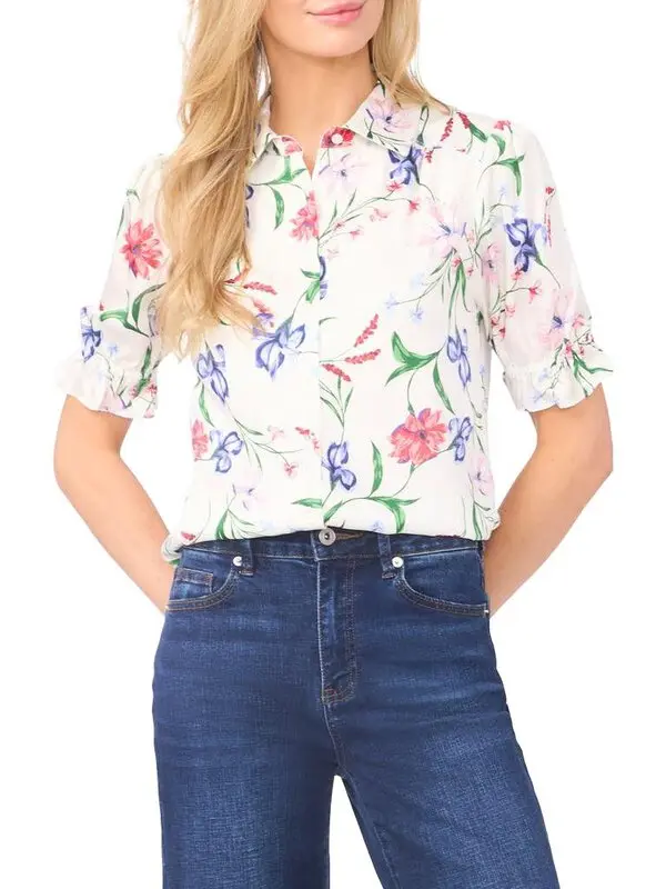CECE DUPRAZ Floral Print Ruffle Sleeve Shirt - New Ivory