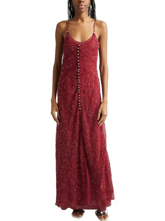 Rabanne Faux Pearl Embellished Chiffon Dress - Red Wine