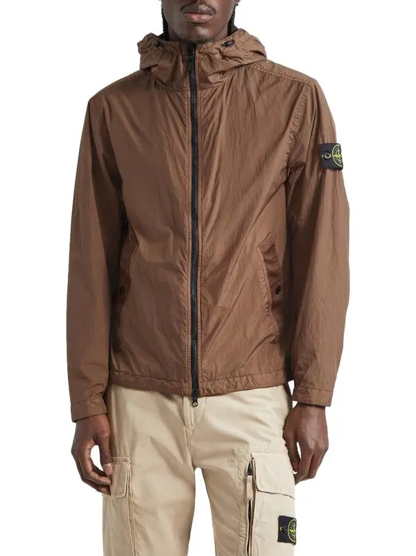Stone Island Coated Crinkled Hooded Water Repellent Jacket - Umber