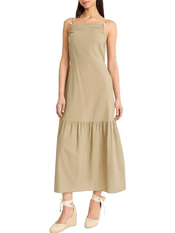 THE GOOD JOURNEY Ruched Open Back Cotton Midi Sundress - Aloe
